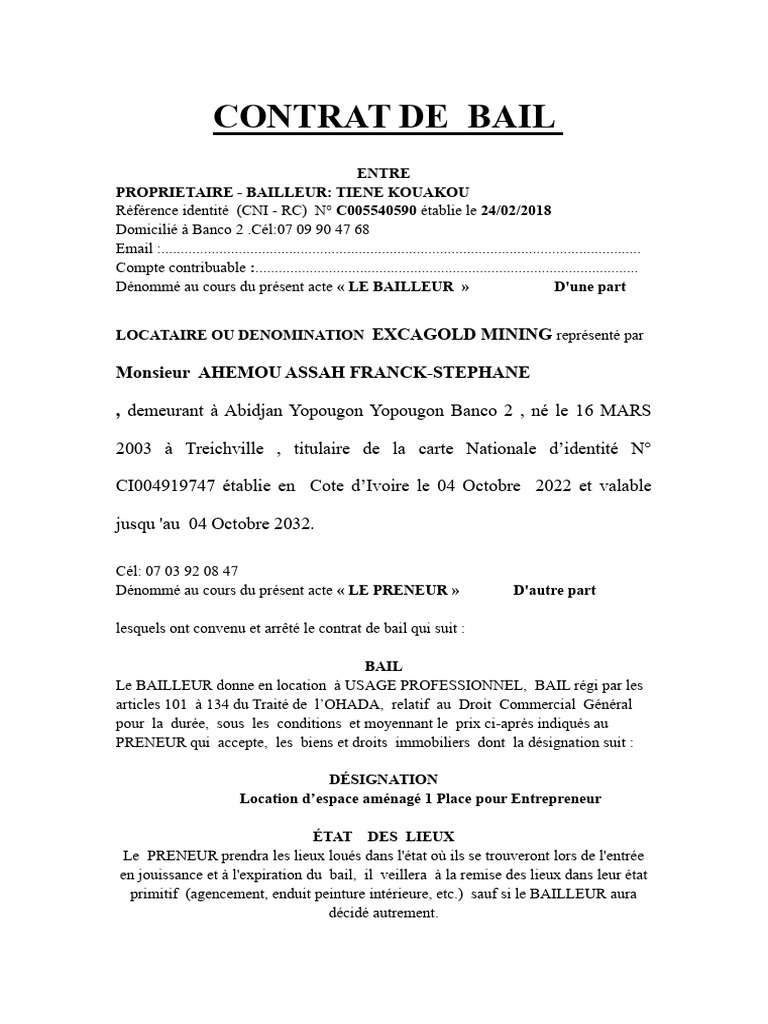 Contrat de Bail Pro | PDF