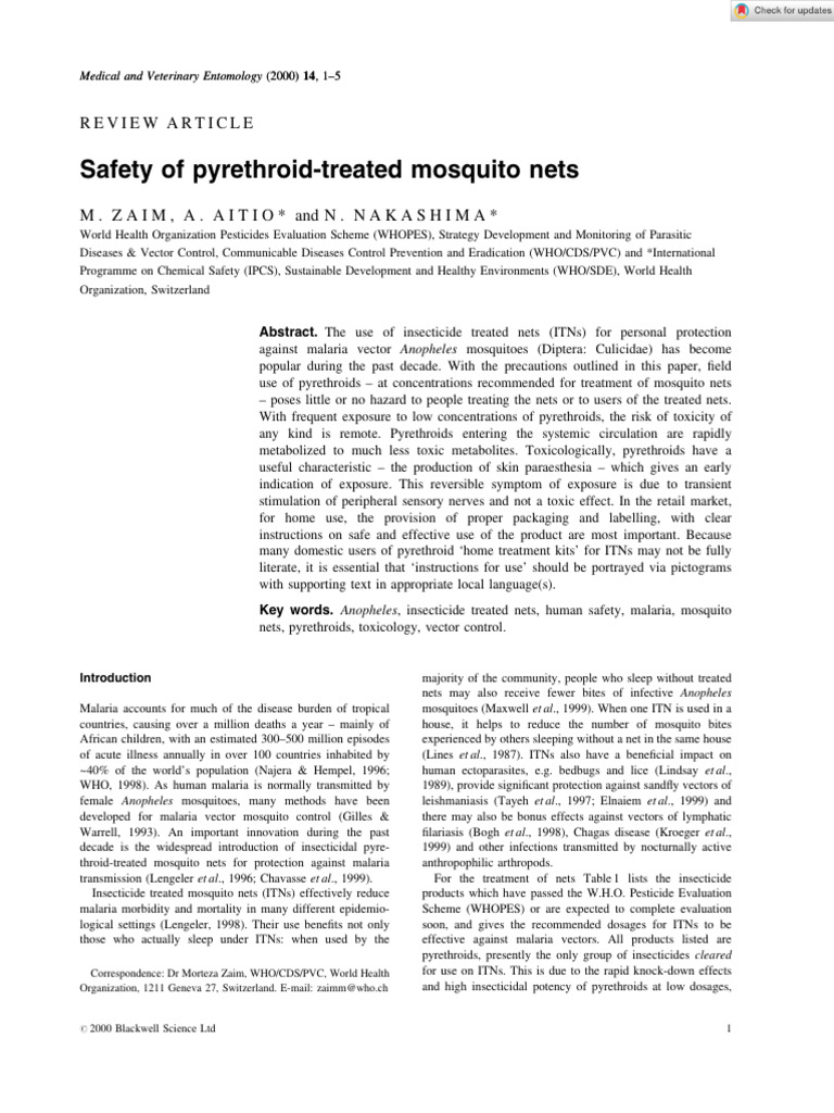 Medical Vet Entomology - 2001 - Zaim - Safety of Pyrethroid Treated Mosquito Nets | PDF ...
