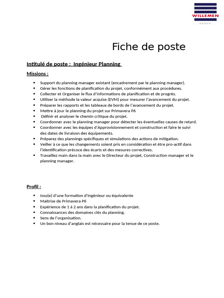 Fiche de Poste Ingénieur Planning | PDF