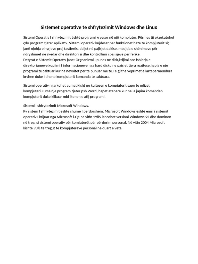 8.sistemet Operative Te Shfrytezimit Windows Dhe Linux | PDF