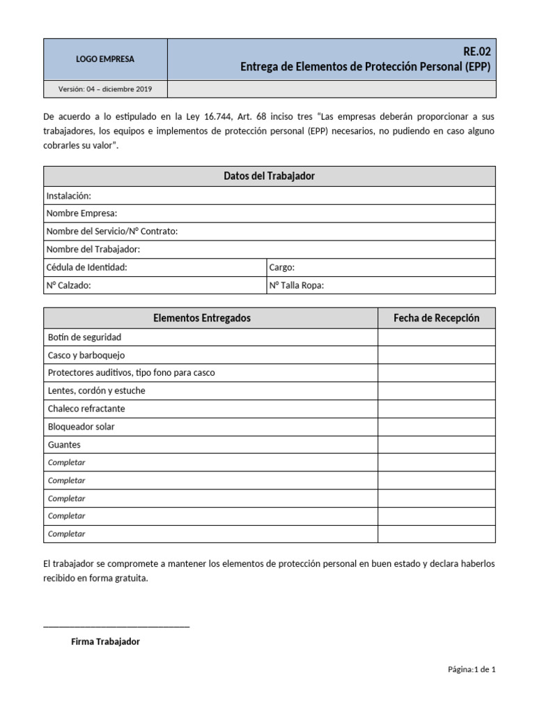 PLANTILLA REQ REQ-023 RE.02 Entrega de EPP | PDF