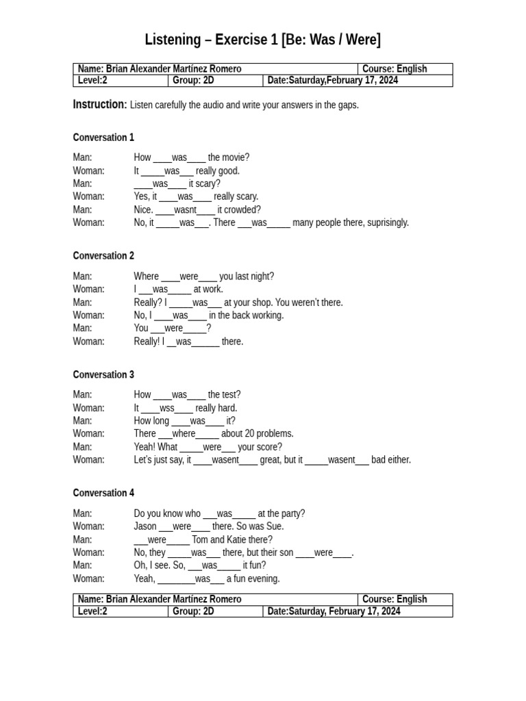 Listening Exercise: Past Tense "Be" | PDF