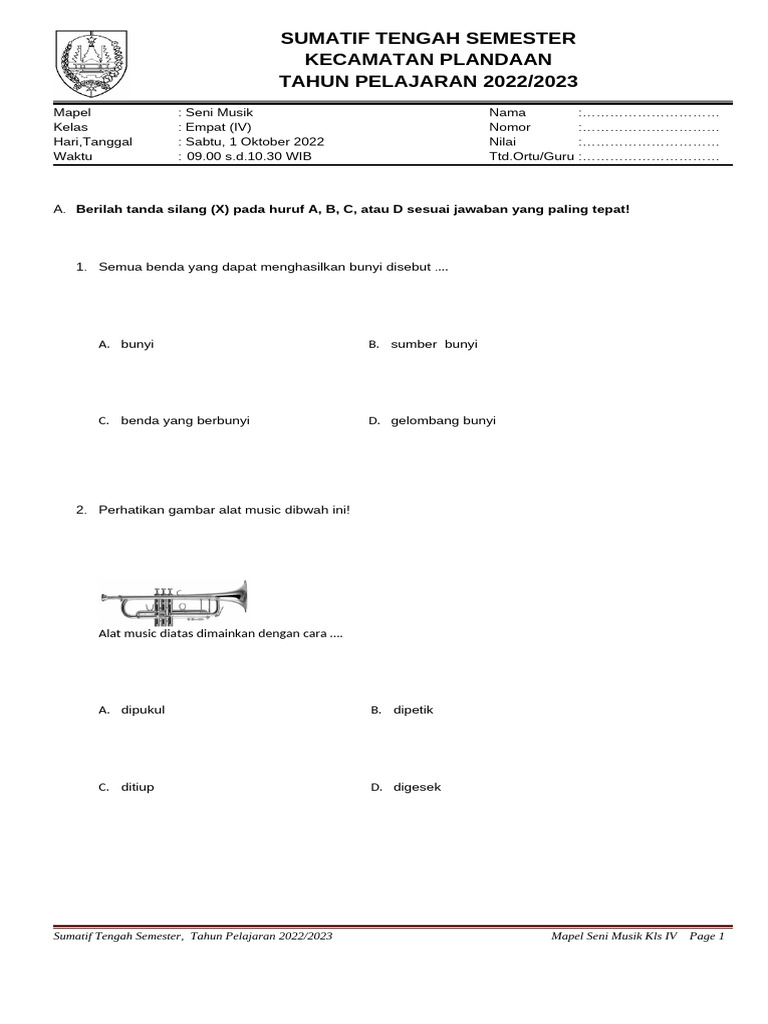 Soal STS Seni Musik Kls 4 | PDF