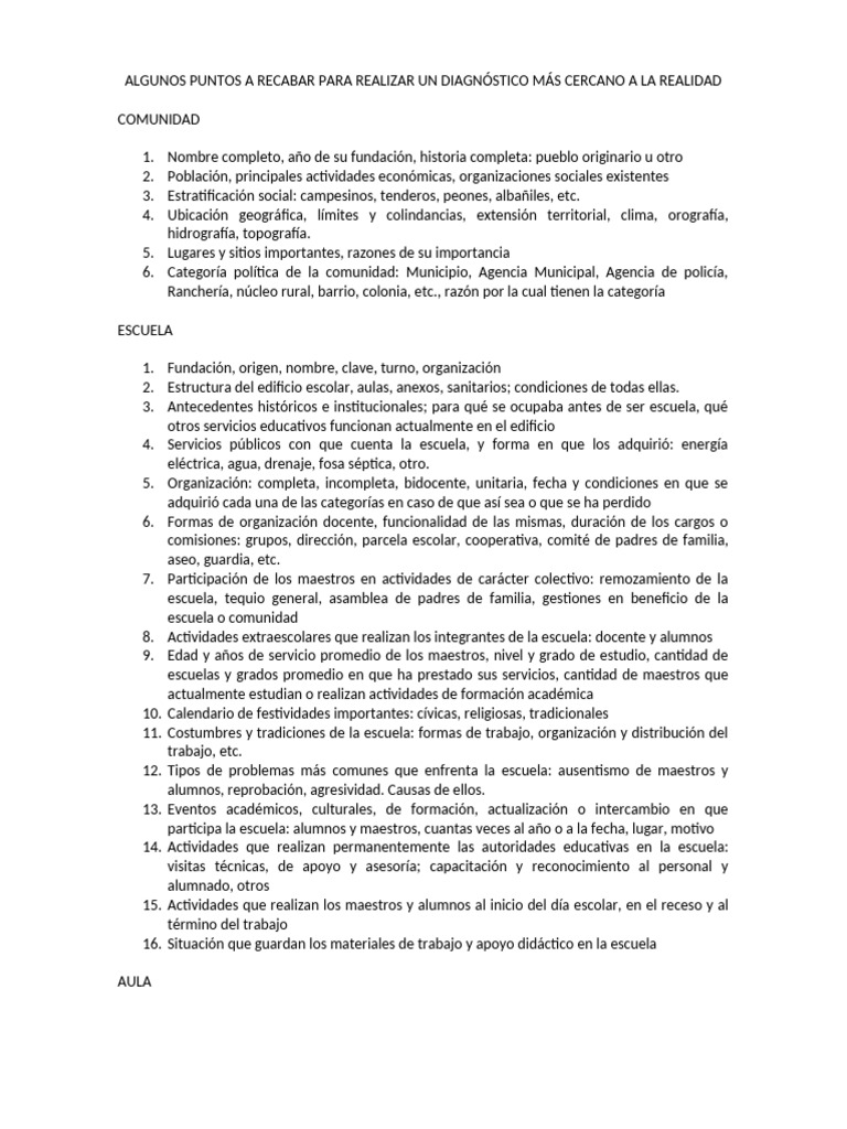 Algunos Puntos para Recabar y Poder Realizar Un Diagnóstico Más Cercano ...