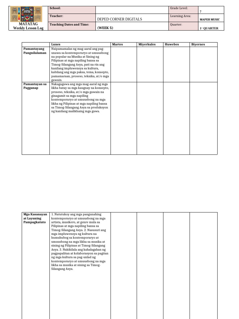 DLL-WEEK 5-GRADE7-MAPEH -DEPED CORNER DIGITALS, | PDF