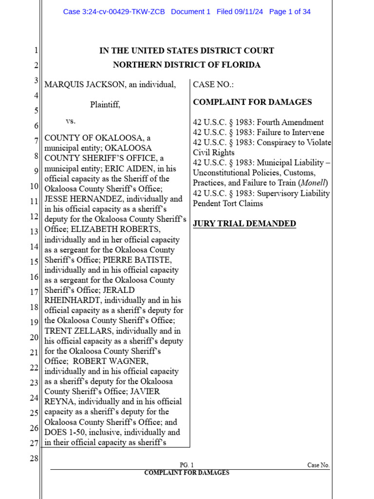 Jackson v. County of Okaloosa, Et Al. Complaint for Damages | PDF | Negligence | Damages