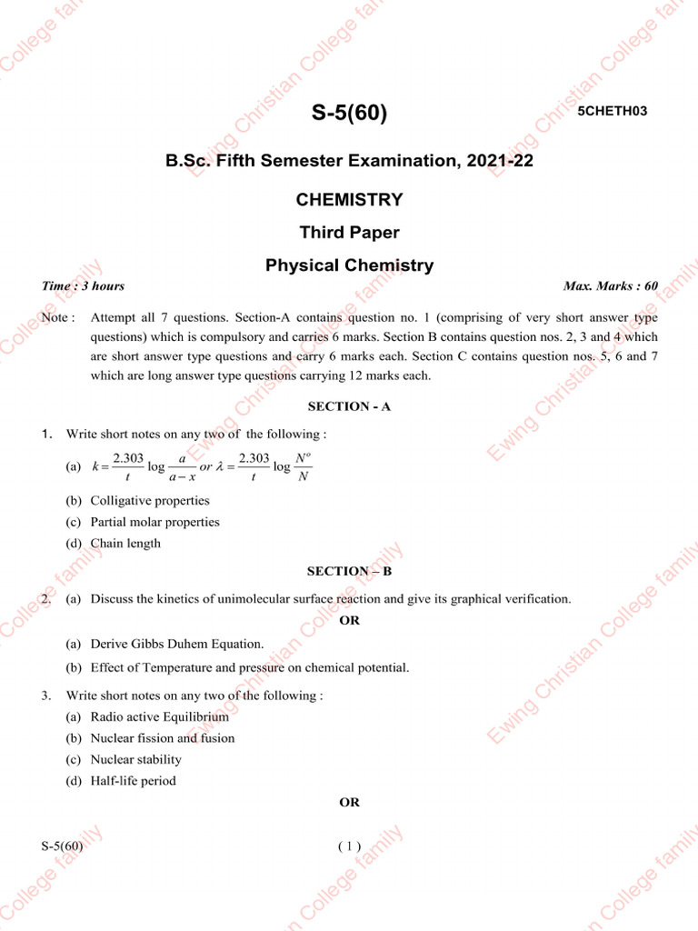 Chemistry Paper -3 , Sem - 5th | PDF