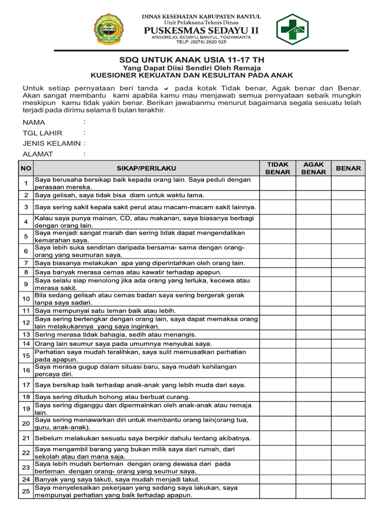SDQ Untuk Anak Usia 11-17 TH Yang Dapat Diisi Sendiri Oleh Remaja Tytye | PDF