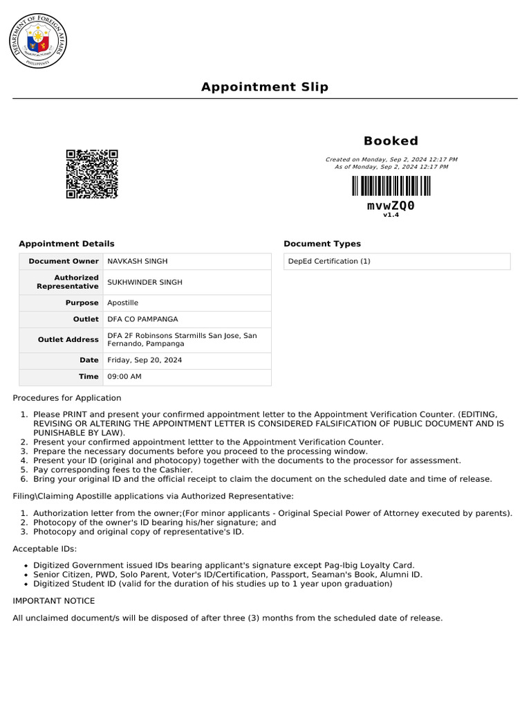 Appointment Slip: Mvwzq0 | PDF