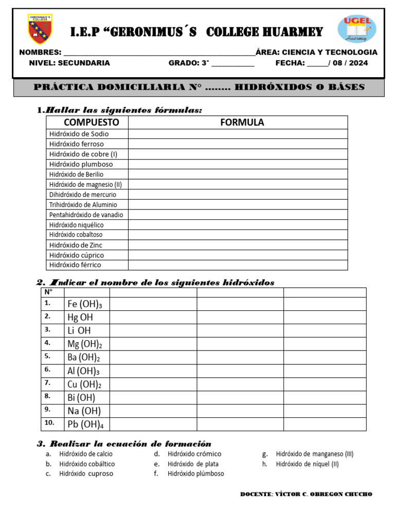 Practica Calificada de Función Hidroxidos Geronimus S College | PDF