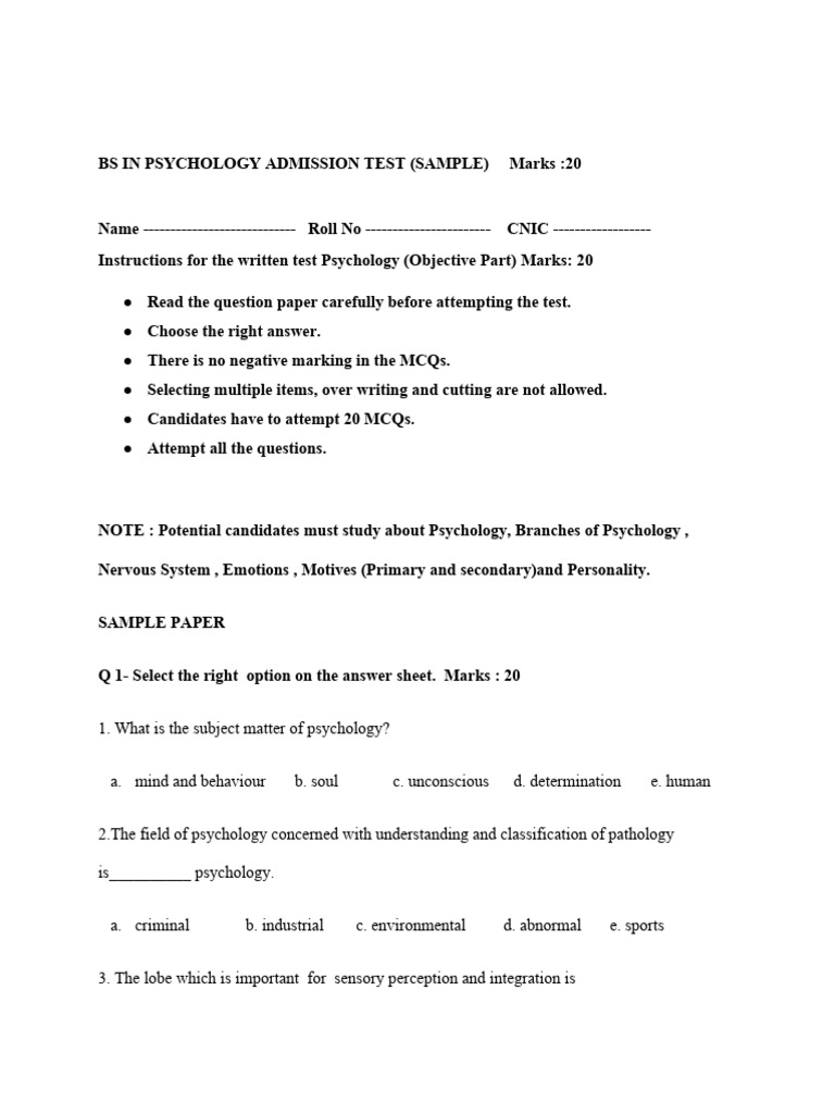 BS Psychology SamplePaper | PDF