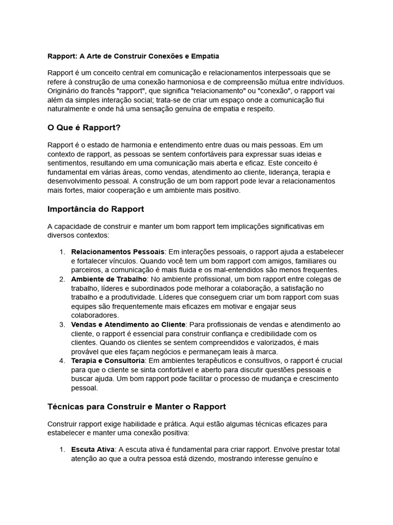 Rapport - A Arte de Construir Conexões e Empatia | PDF