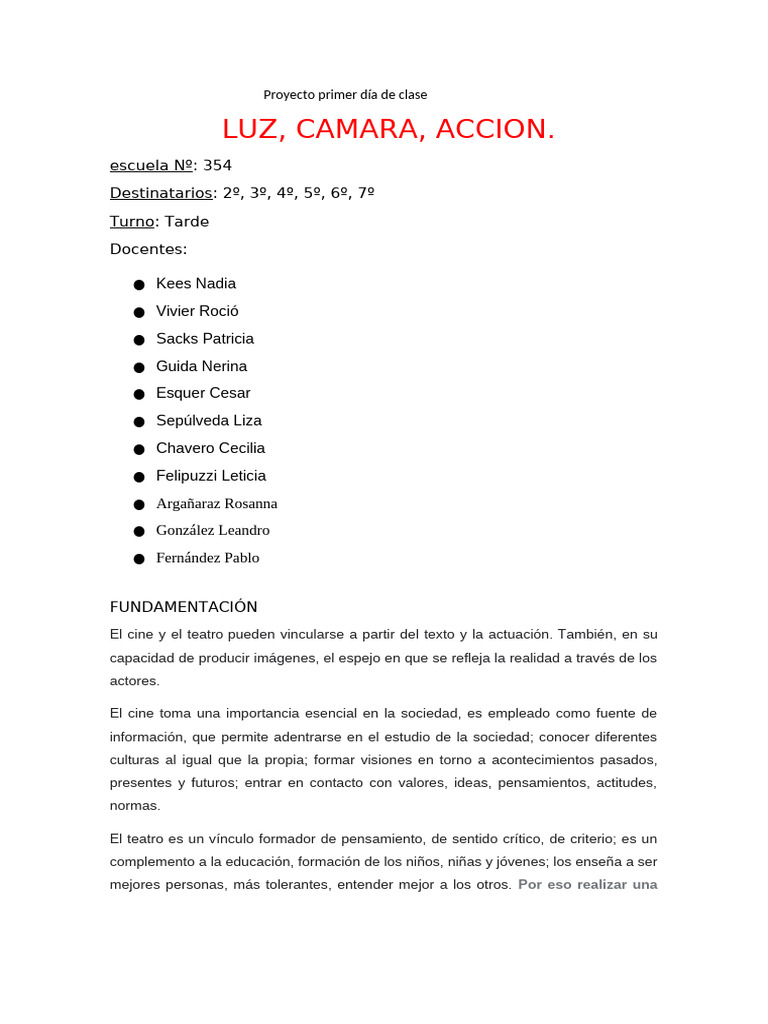 Proyecto, Luz, Camara, Accion. | PDF