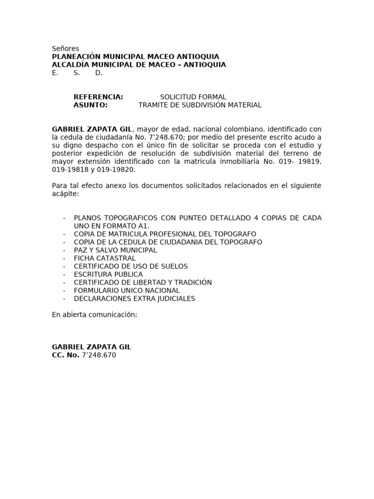 SOLICITUD FORMAL Subdivision Gabriel Zapata | PDF