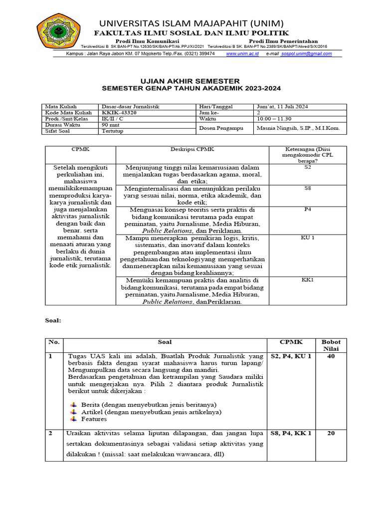 Soal Uas Genap 2023-2024-Dasjur | PDF