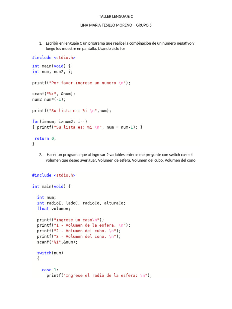 taller lenguaje C | PDF