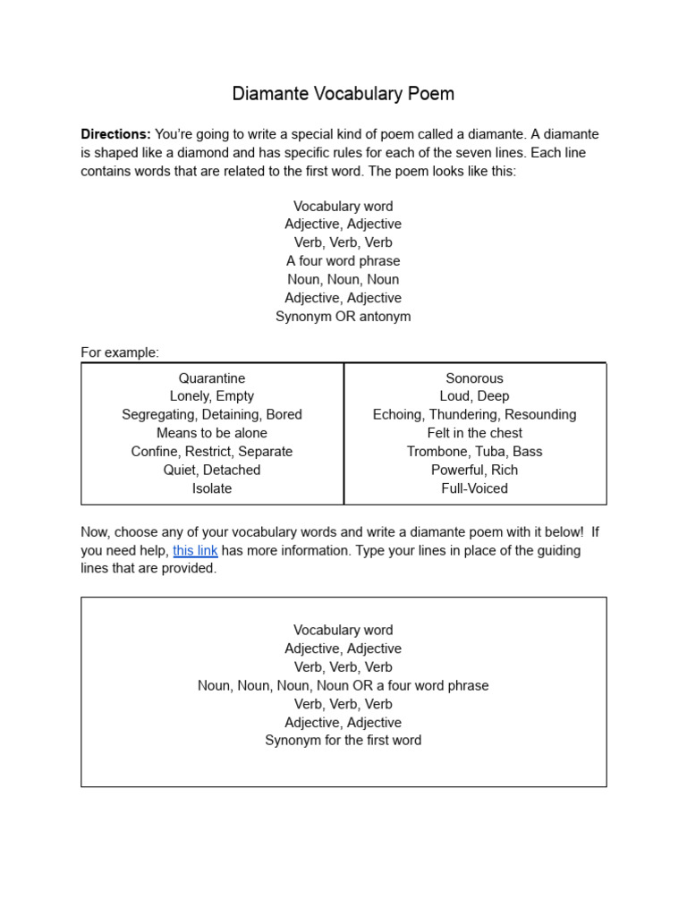 Diamante Vocabulary Poem Worksheet | PDF | Poetry