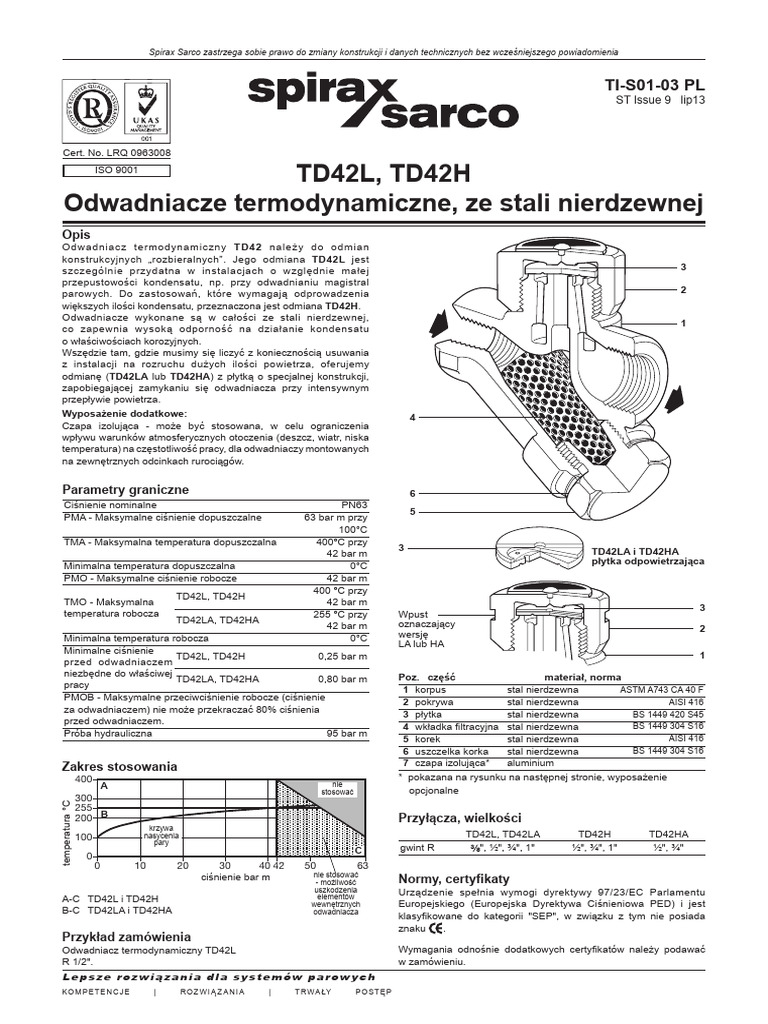 TD42L TD42H Odwadniacze-Termodynamiczne-Karta Katalogowa | PDF