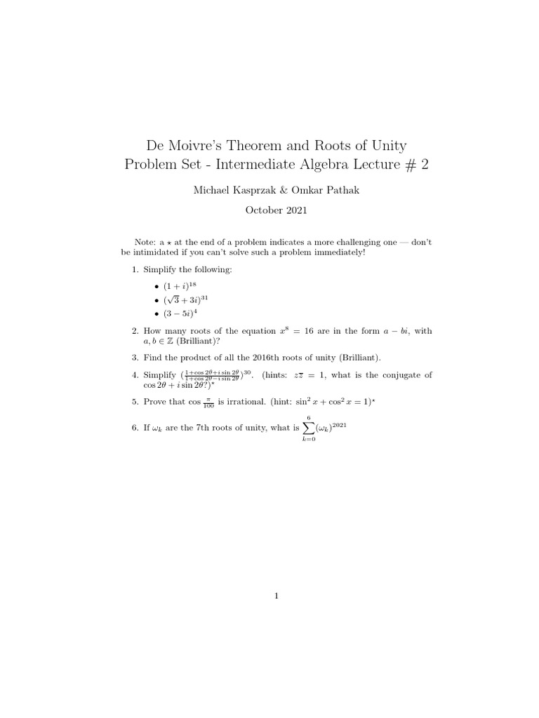 De Moivre S Theorem and Roots of Unity Problem Set | PDF