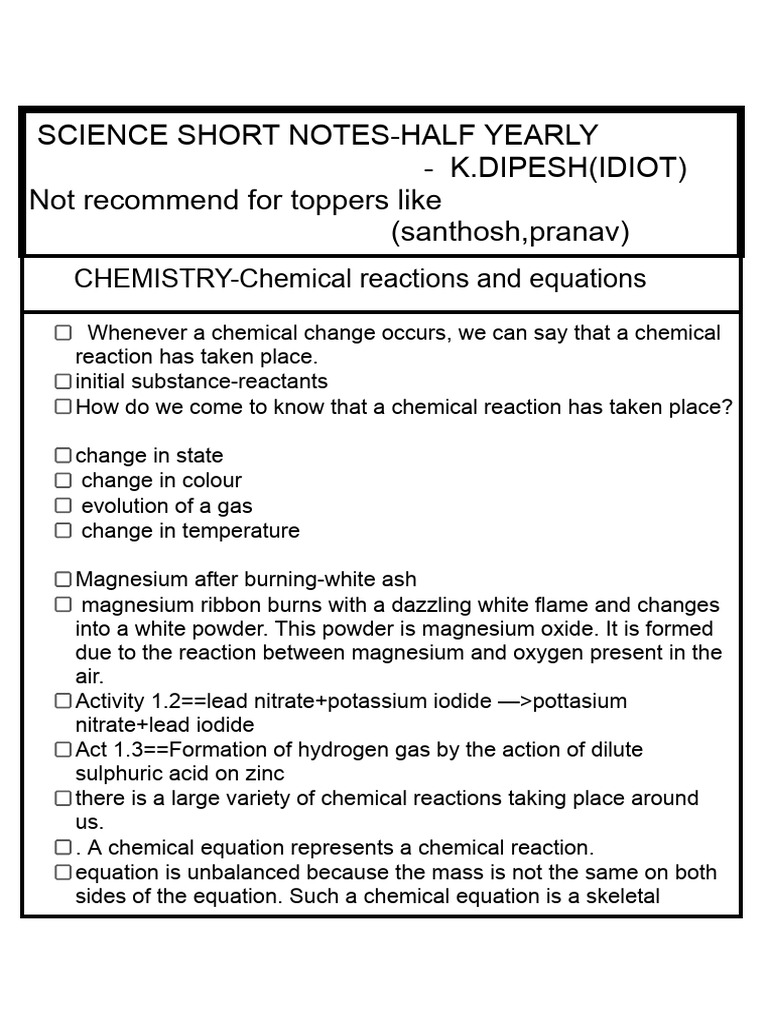 Science Short Notes-Half Yearly | PDF