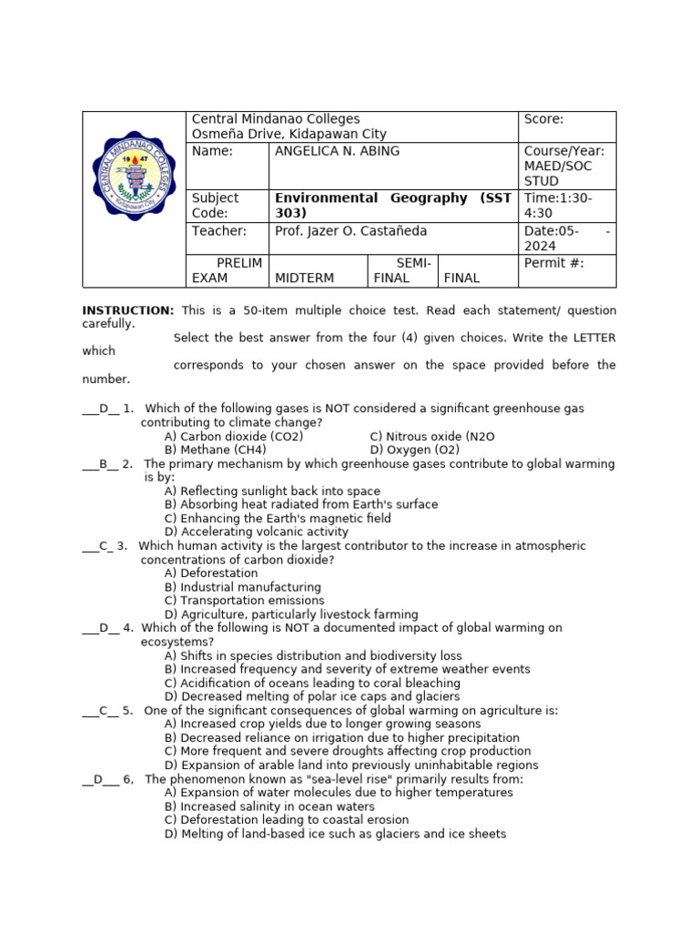 Abing - Angelica-Sst-303-Final Exam | PDF | Climate Change | Conservation Biology