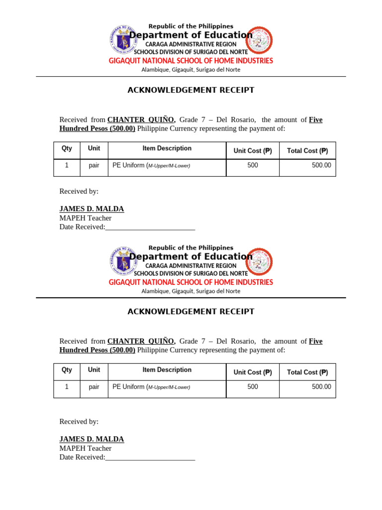 Acknowledgement Receipt - PE UNIFORM | PDF