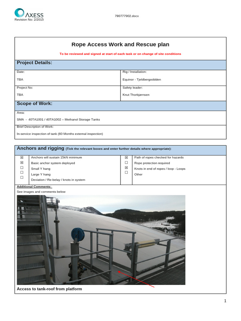 Rope Access Work and Rescue Plan - 40TA1001 | PDF | Rope | Anchor