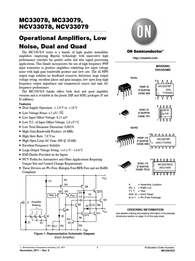 Operational Amplifiers, Low Noise, Dual and Quad: MC33078, MC33079, NCV33078, NCV33079 | PDF