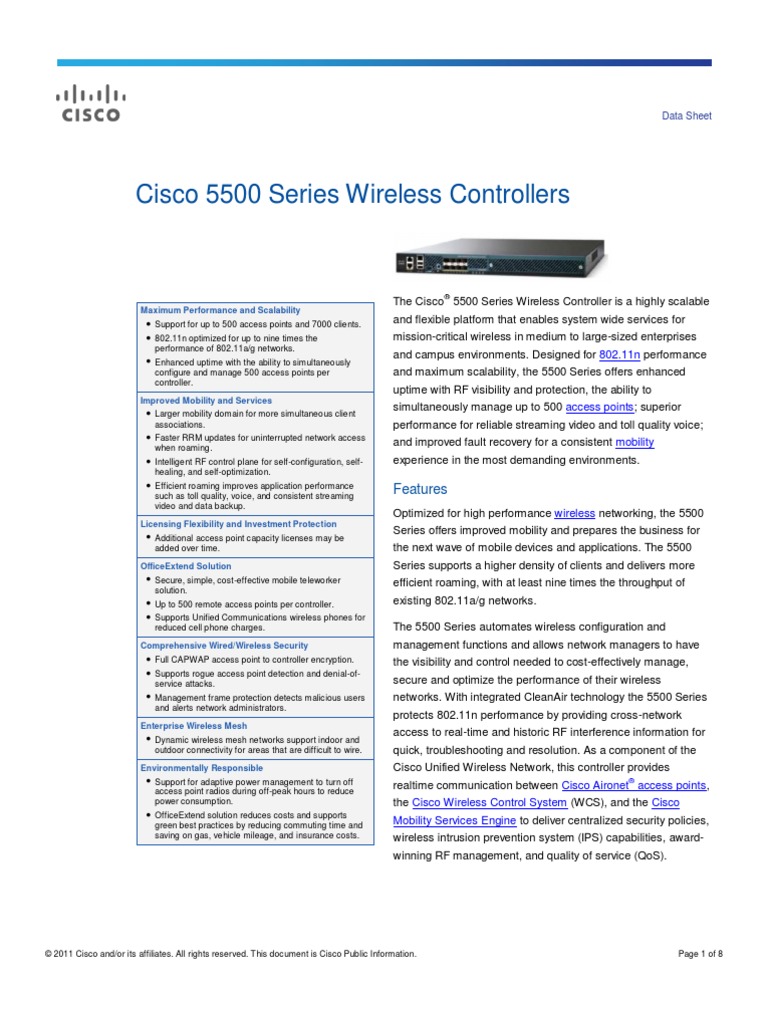 Cisco 5500 Series Wireless Controllers: Features | PDF | Wireless Lan ...