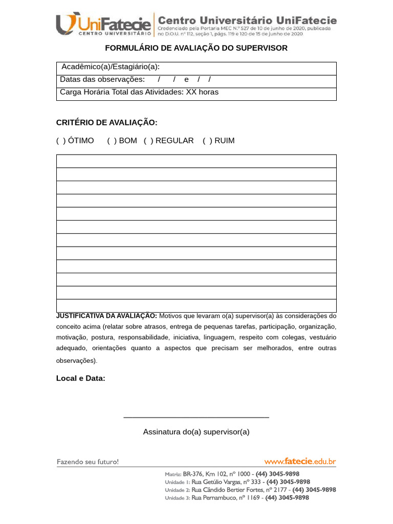 Formulário de Avaliação Do Supervisor | PDF