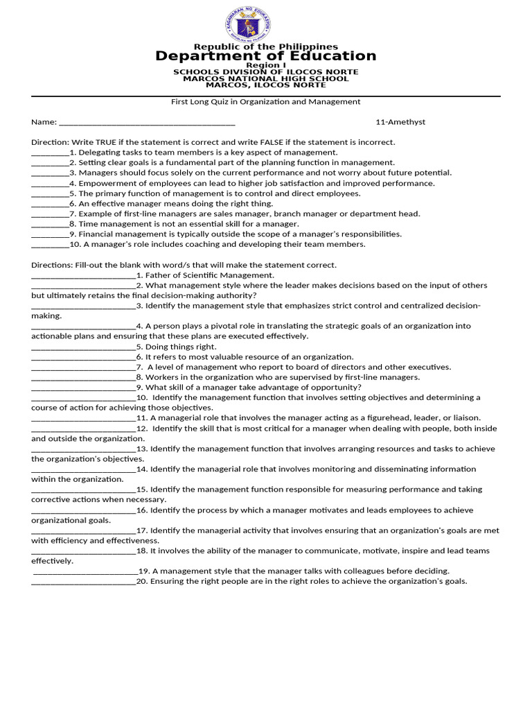 First Long Quiz-Org and Management | PDF