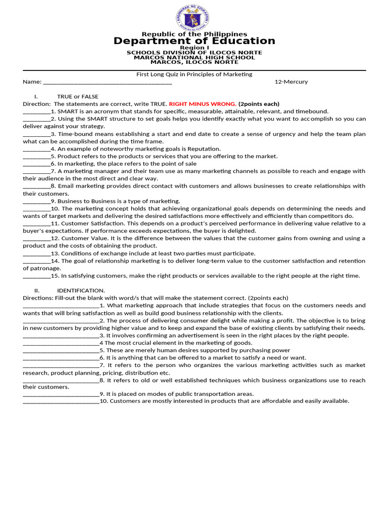 First Long Quiz - Principles of Marketing | PDF
