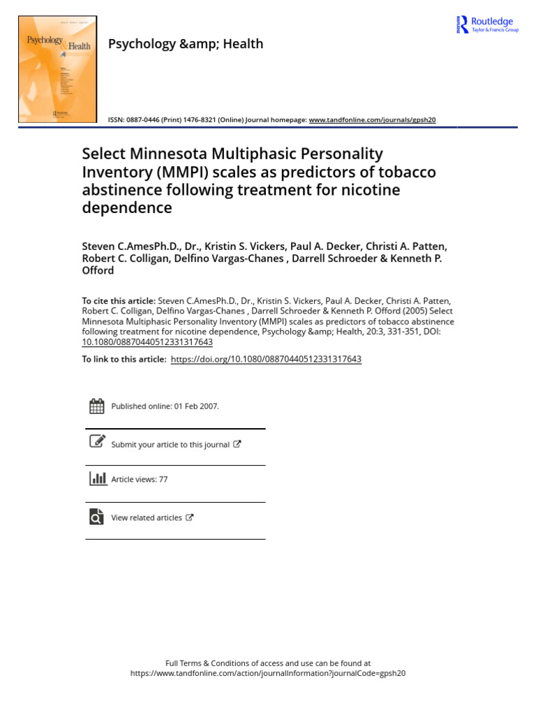 Select Minnesota Multiphasic Personality Inventory (MMPI) Scales As ...