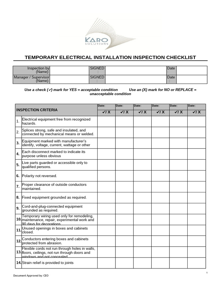 REG020 Temporary Electrical Installation Inspection Checklist | PDF