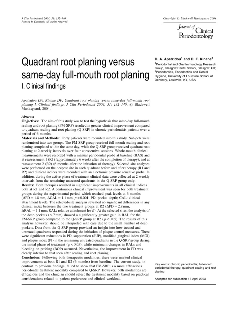 Quadrant Root Planning Vs Same Day Full Mouth Root Planning - Aparzidou ...
