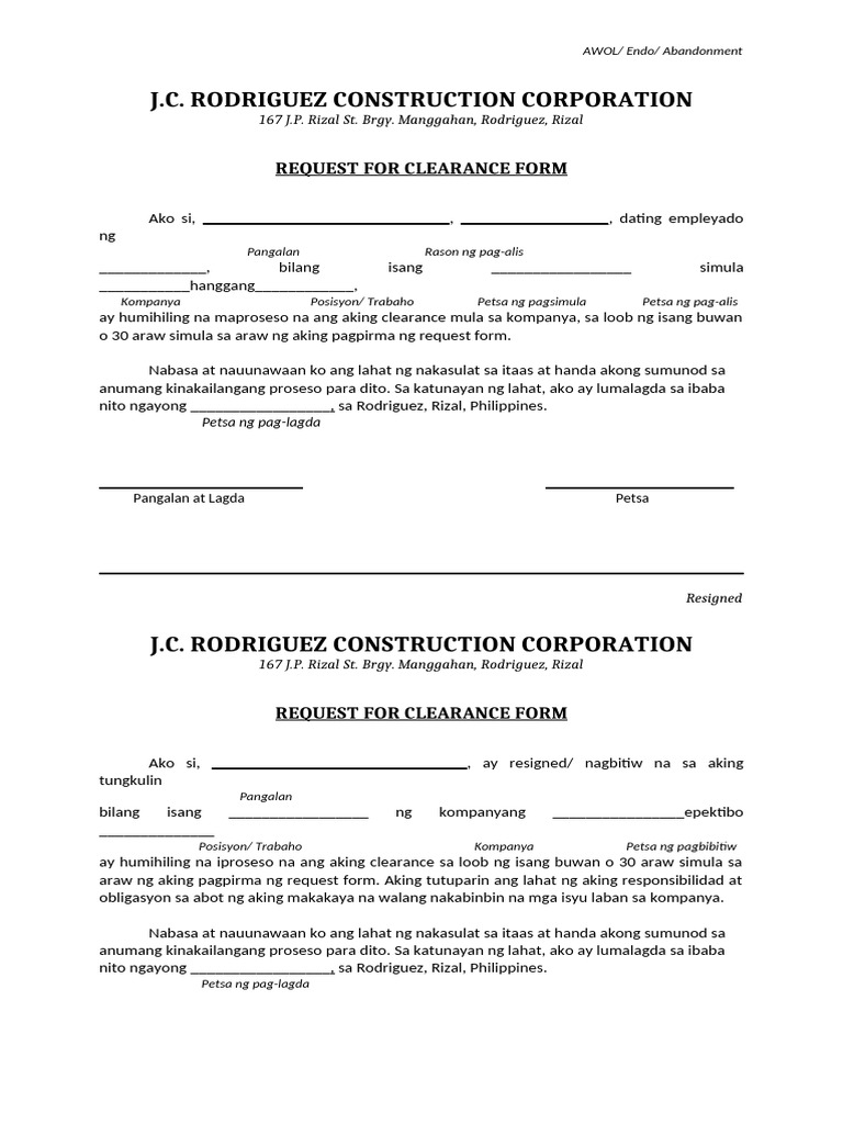 Request for Clearance Form - Copy | PDF