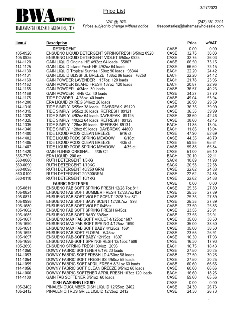 Fbwa Price List | PDF