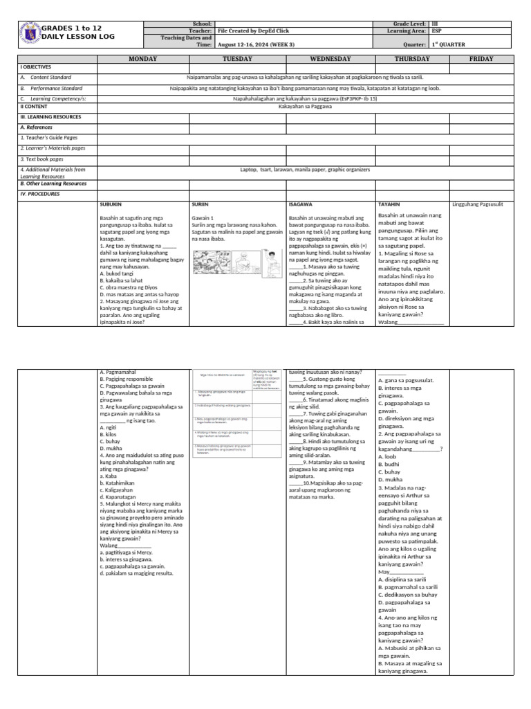 DLL - Esp 3 - Q1 - W3 | PDF