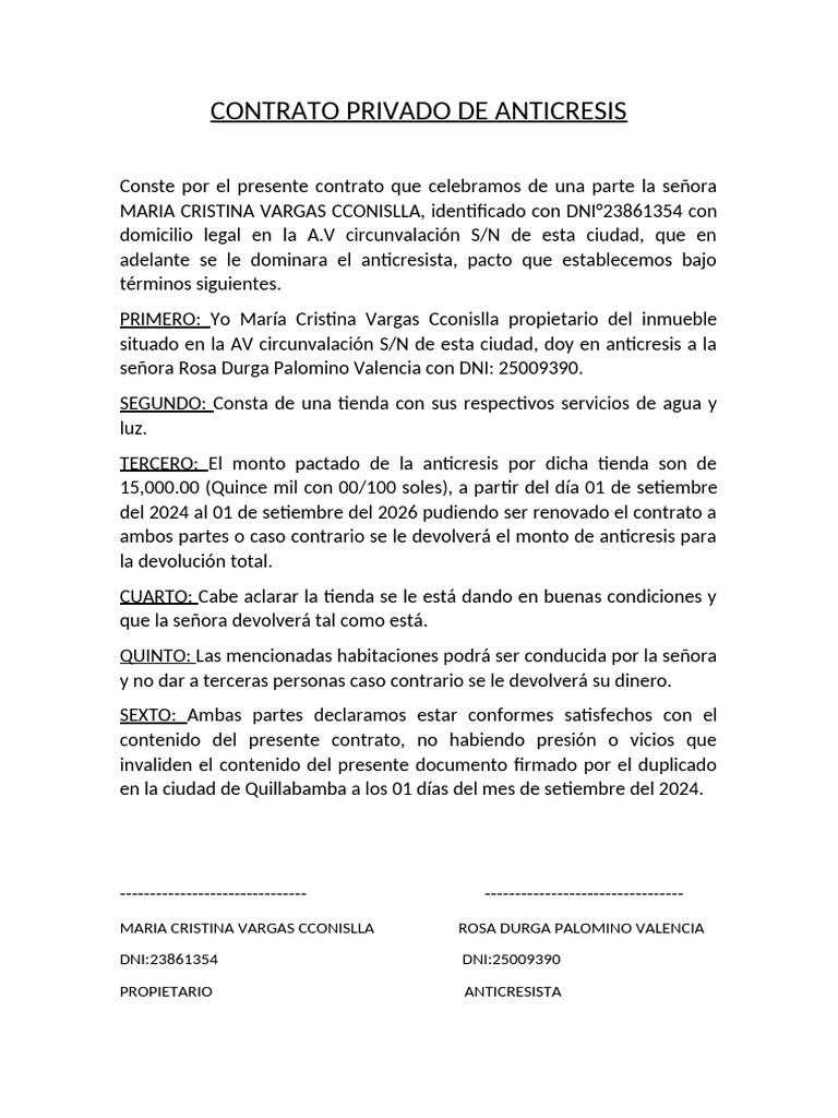Contrato Privado de Anticresis | PDF