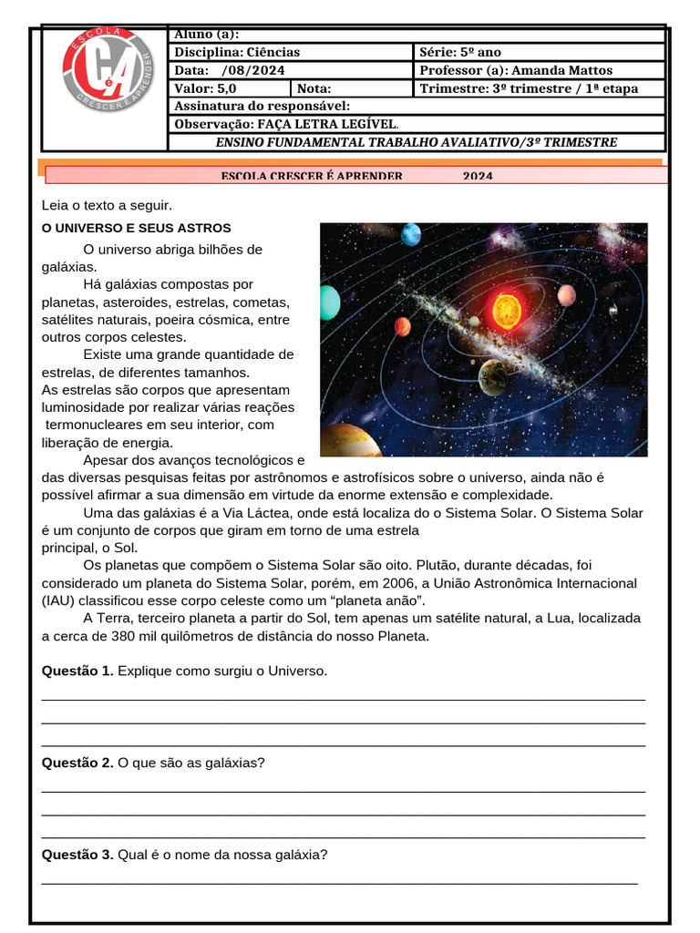 ATIVIDADEs AVALIATIVA 5º ANO 3º TRIMESTRE 1 ETAPA | PDF