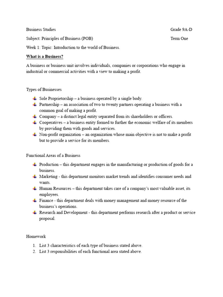 Business Studies Grade 9 Lessons | PDF