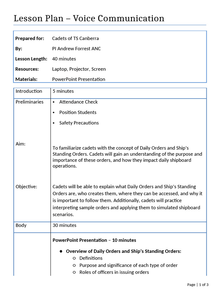 Lesson Plan Daily and Standing Orders | PDF