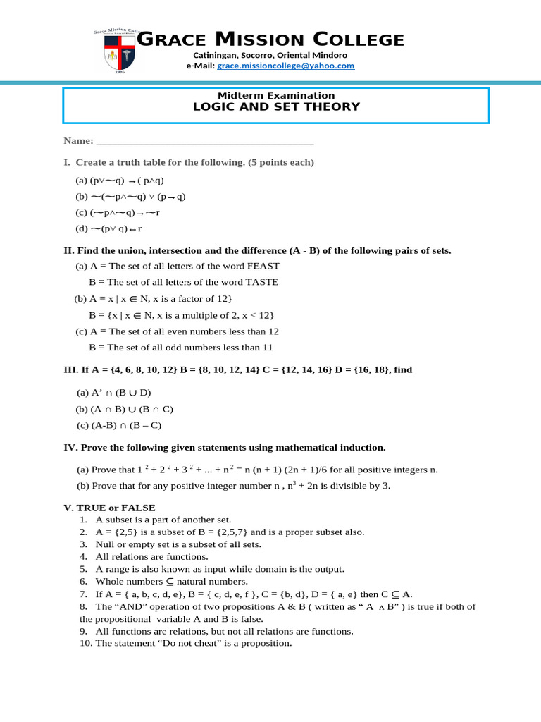 mIDTERM EXAM LOGIC AND SET THEROY | PDF