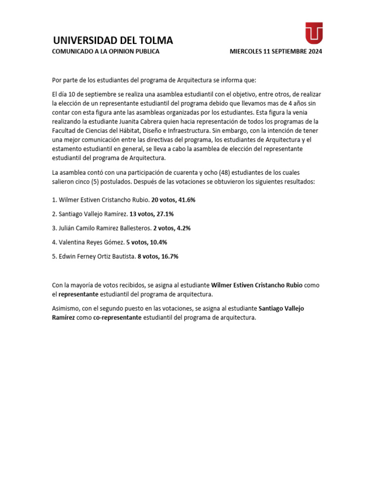 COMUNICADO A LA OPINION PUBLICA Representacion Estudiantil | PDF