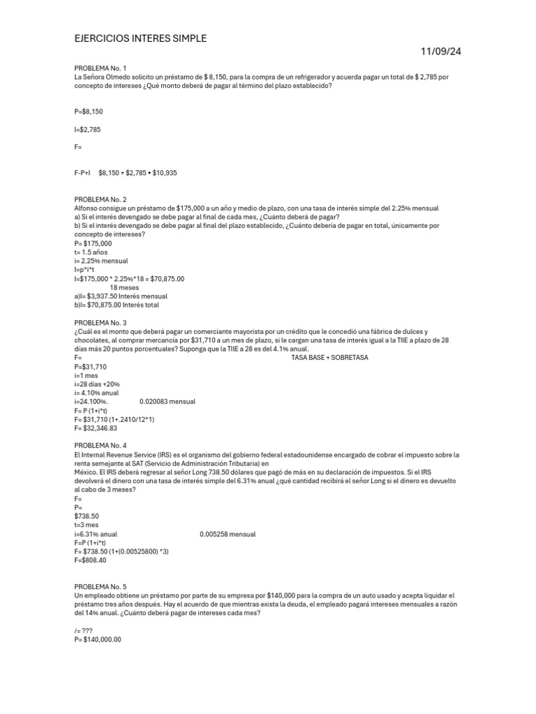 Ejercicios Interes Simple | PDF