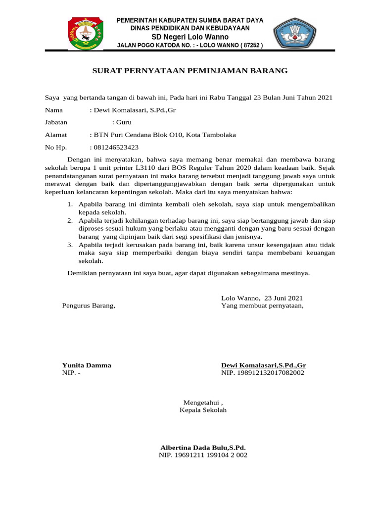 Surat Pernyataan Peminjaman Aset Sekolah | PDF