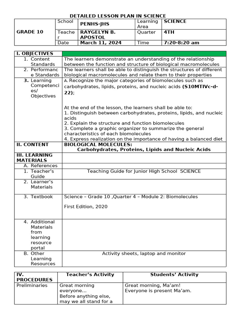 DETAILED LESSON PLAN Biomolecules 1 | PDF