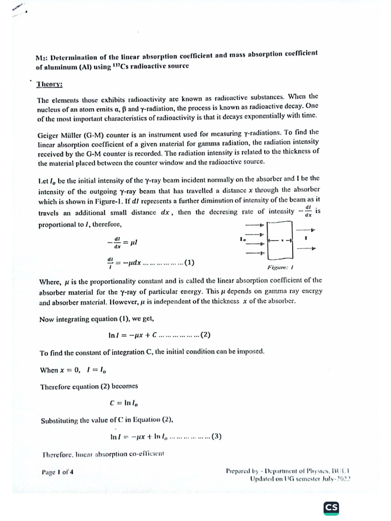 Exp: Determination of the linear absorption coefficient and mass absorption coefficient of Al ...
