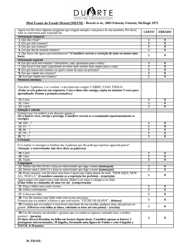 Escala de Rastreio Cognitivo_Mini Exame do Estado Mental (MEEM) | PDF