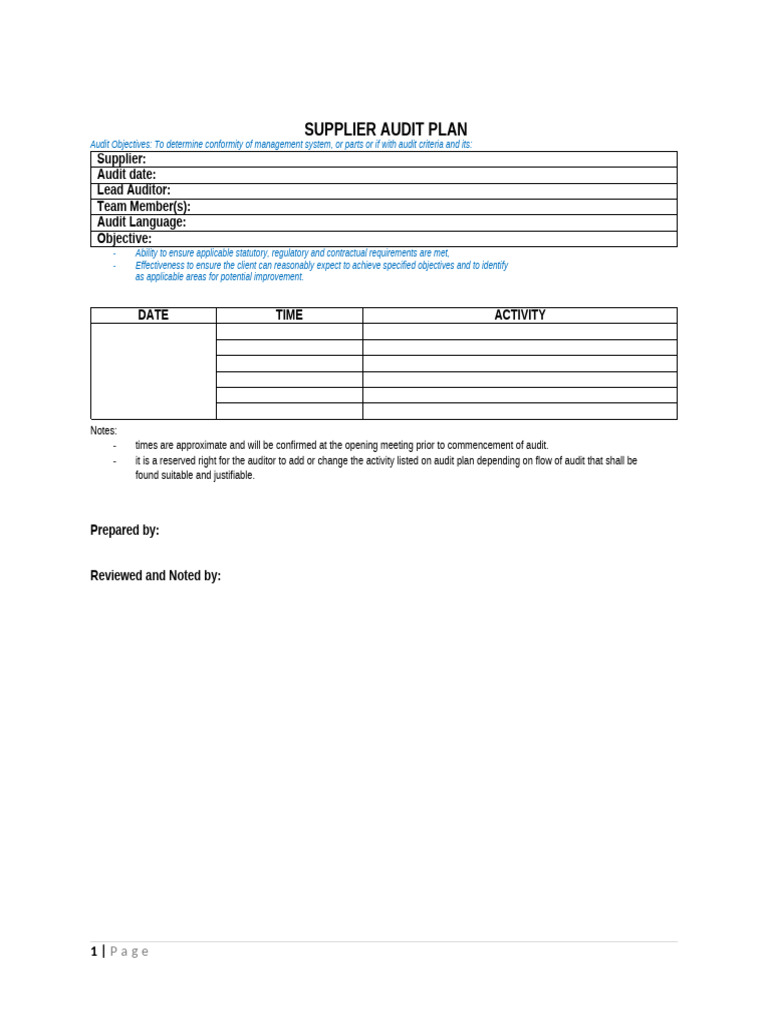 Supplier Audit Plan | PDF